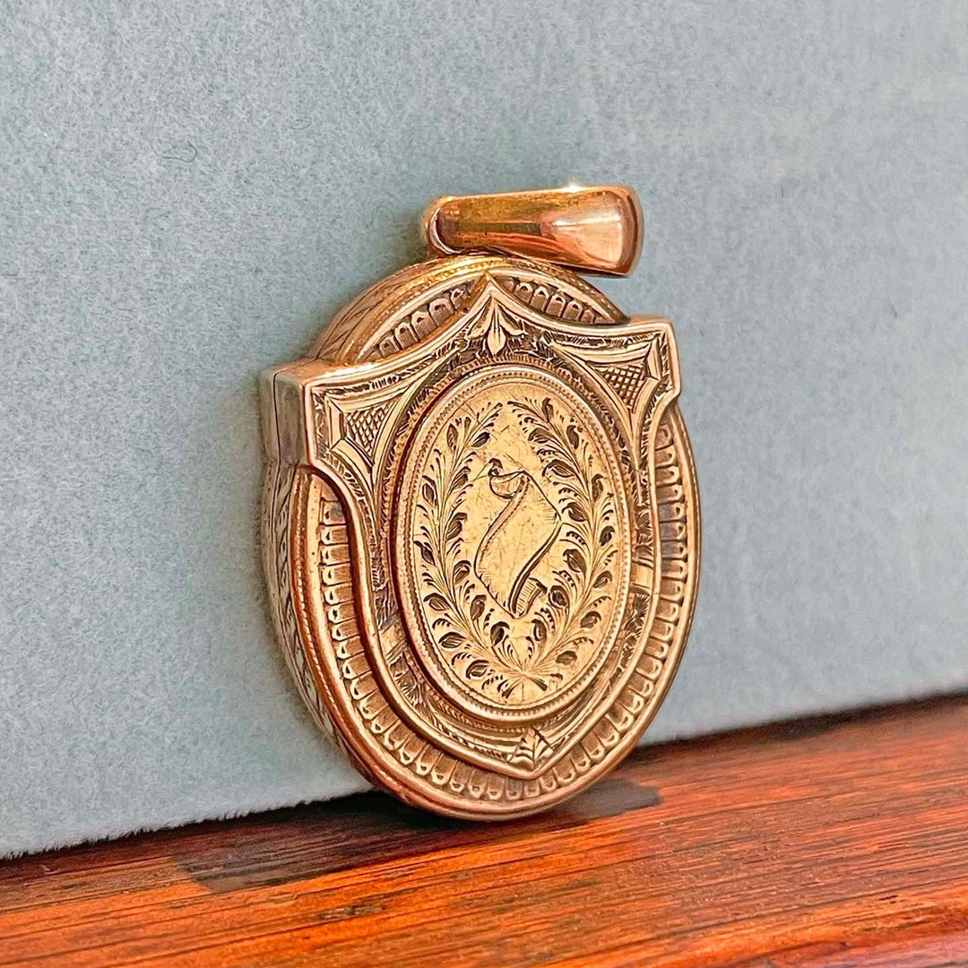 Reserved~victorian Gold Engraved Shield Locket Pendant - Etsy