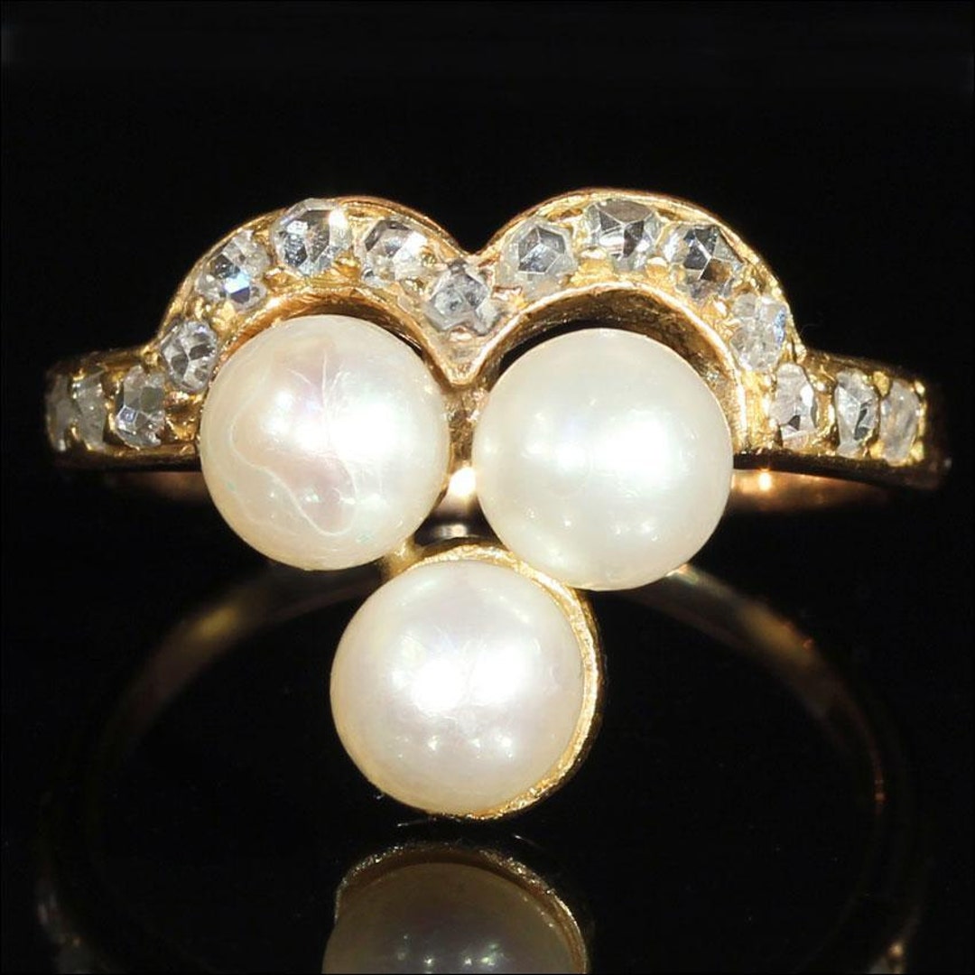 Antique Pearl and Rose Cut Diamond Trefoil Ring in 18k Gold - Etsy