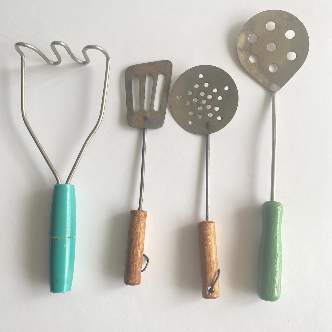 Vintage Play Kitchen Utensils Miniature Toy Masher Turner Slotted Spoon ...
