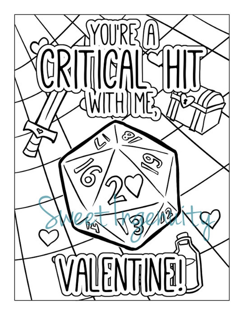 D20 Valentine Coloring Card: Printable Dungeons and Dragons (digital ...