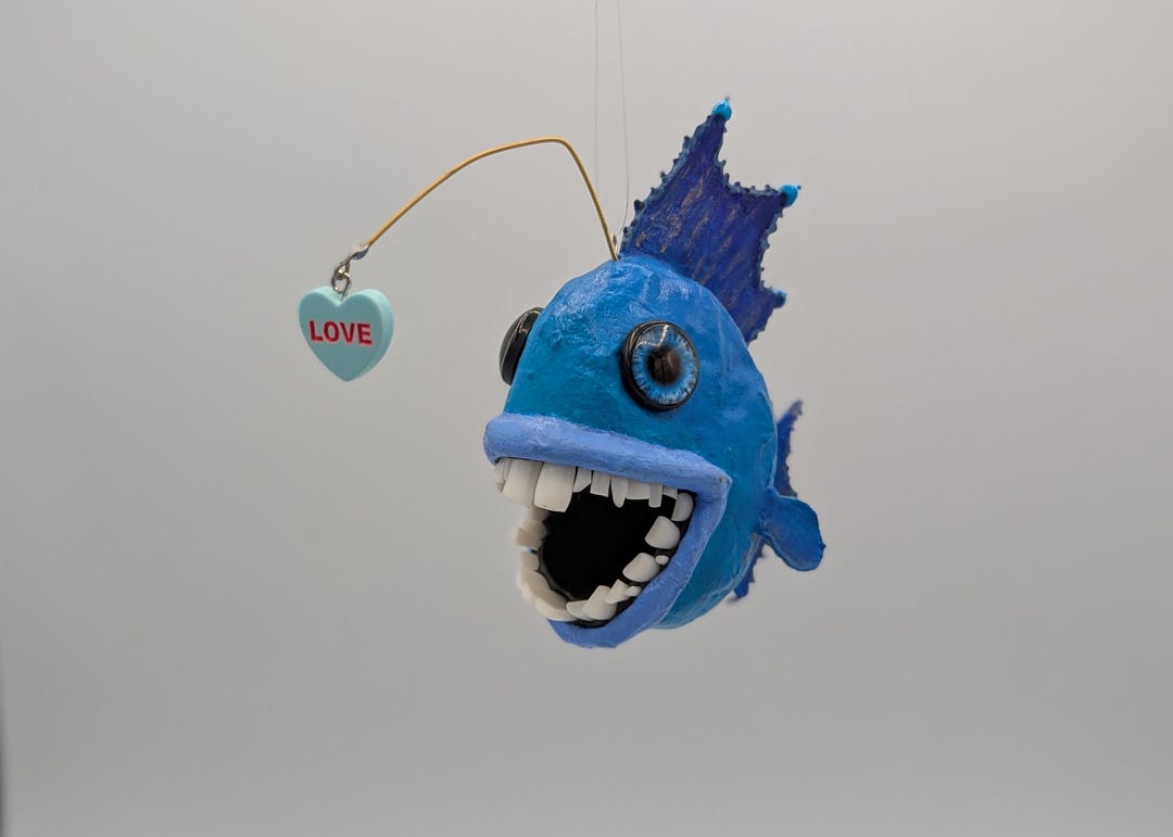 Pink and Blue Valentine's Angler Fish Ornament - Paper Mache Angler ...