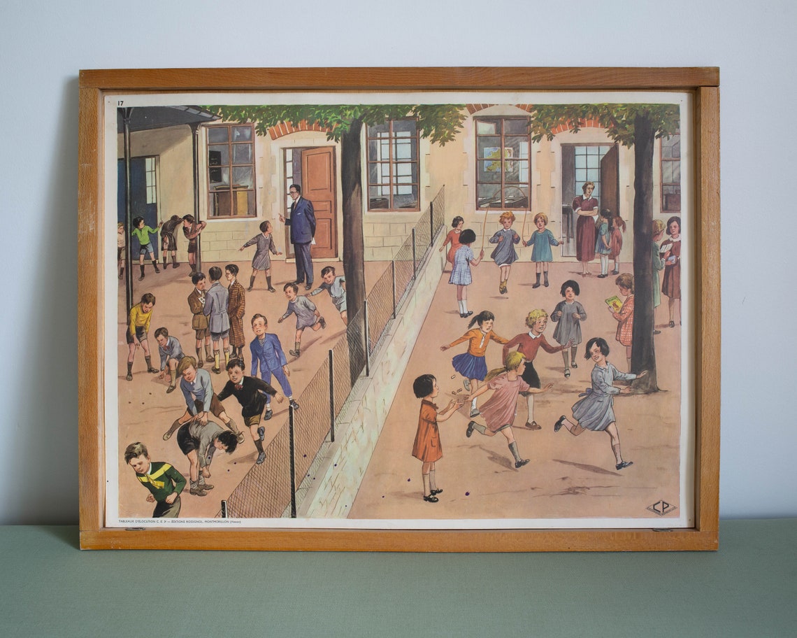 Vintage French School Poster. Double Sided .1950's. Original. AT THE ...