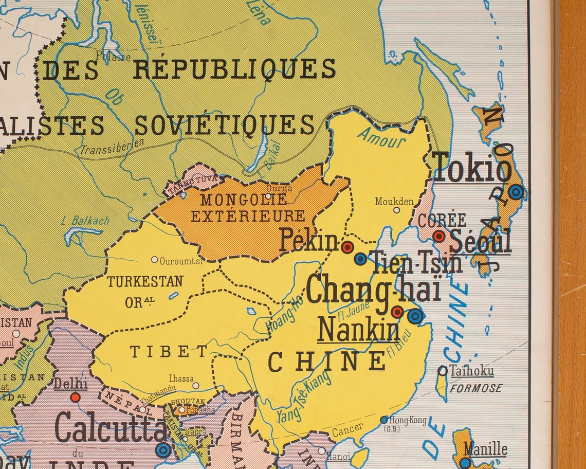 Map GEOGRAPHY ASIA Vintage Large Stunning French School Poster Double ...