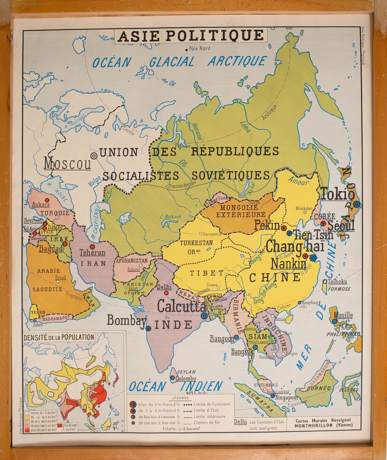 Map GEOGRAPHY ASIA Vintage Large Stunning French School Poster Double ...