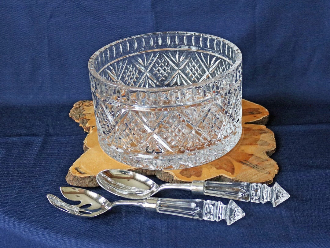 Godinger ~ Dublin ~ 8" Crystal Salad Bowl With Serving Spoons ~ 3 Piece ...