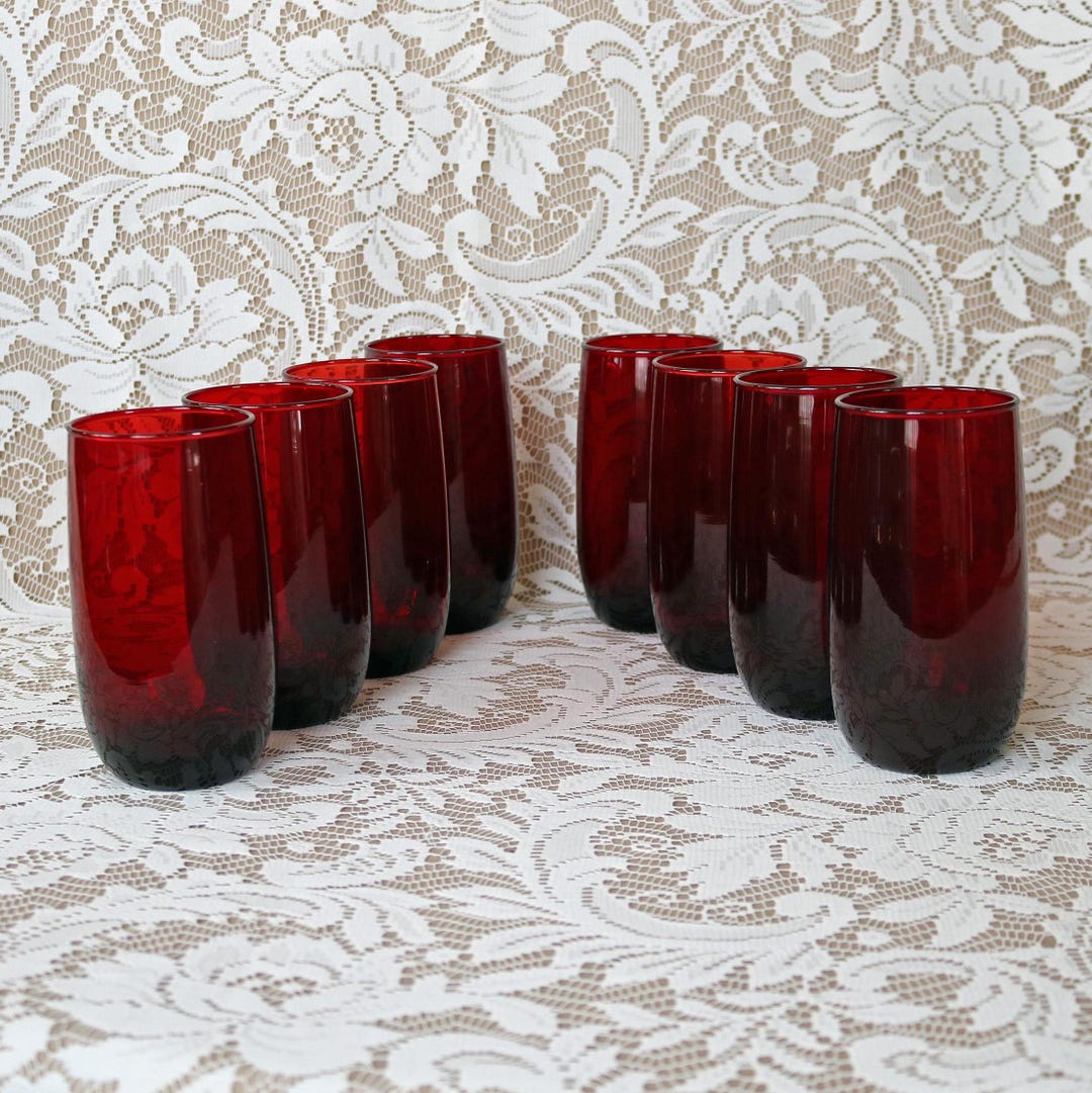 Anchor Hocking ~ "roly Poly Royal Ruby" ~ Set of Eight (8) Flat Iced ...