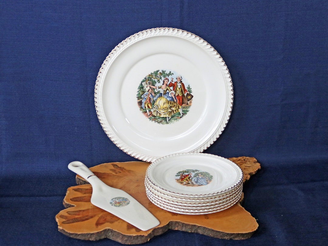 Cake Serving Set ~ Harker Pottery ~ "godey Prints" Pattern ~ 1950-60 ...