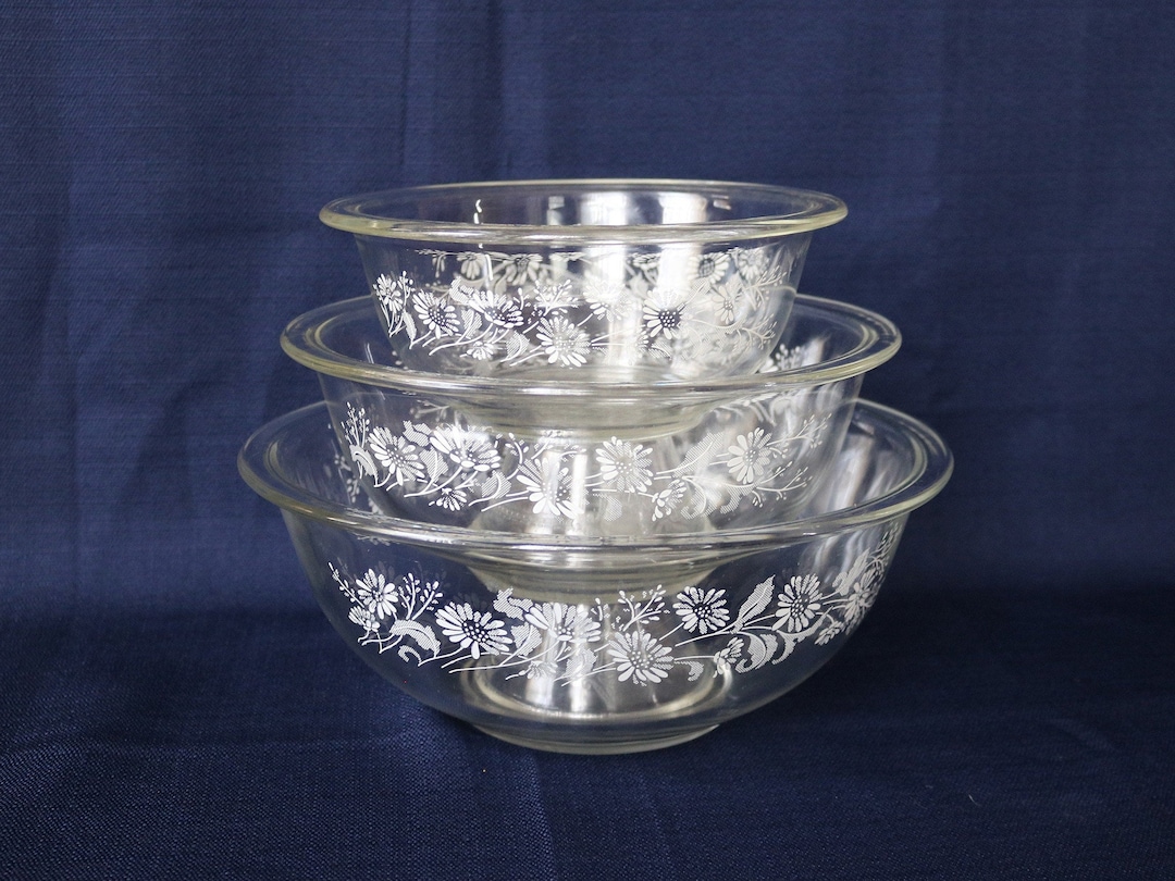 Pyrex Colonial Mist Clear Glass ~ White Lace ~ Set of Three (3) Nesting ...