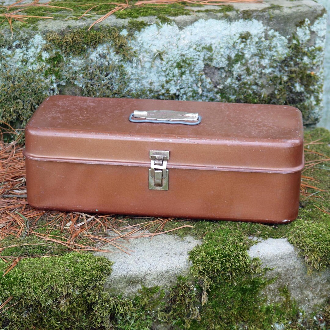 Vintage Brown Metal Small Tool Box ~ 14.25" X 6" X 4.75" ~ Tackle Box ...