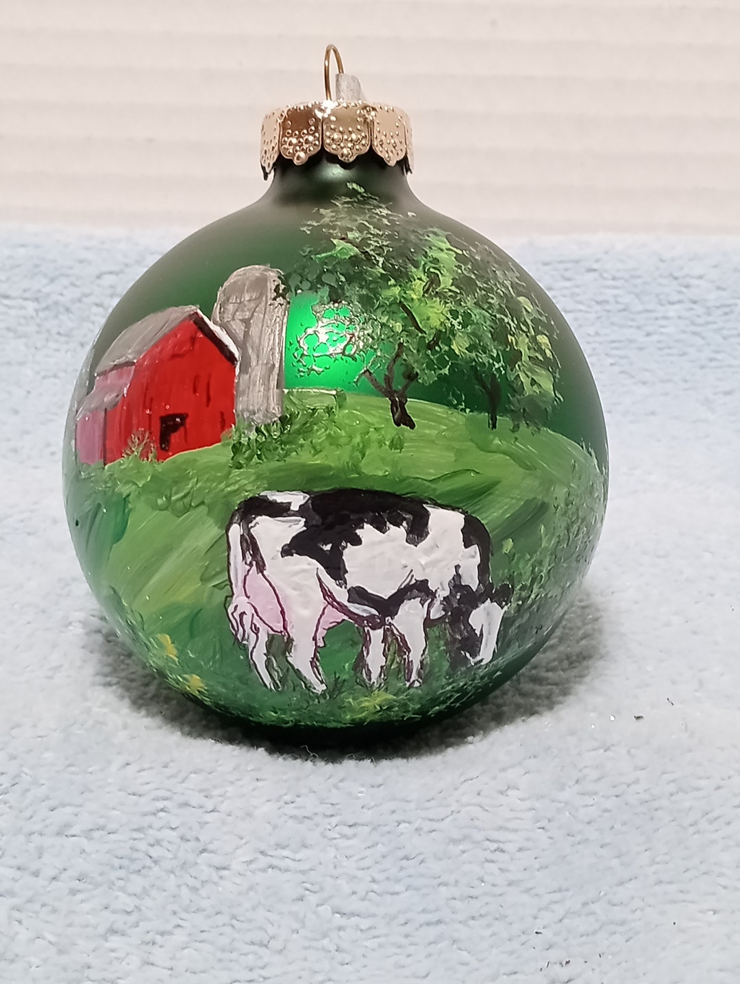 Holstein Cow Glass Ornament; Cow Grazing in Pasture; Red Barn Scene in ...