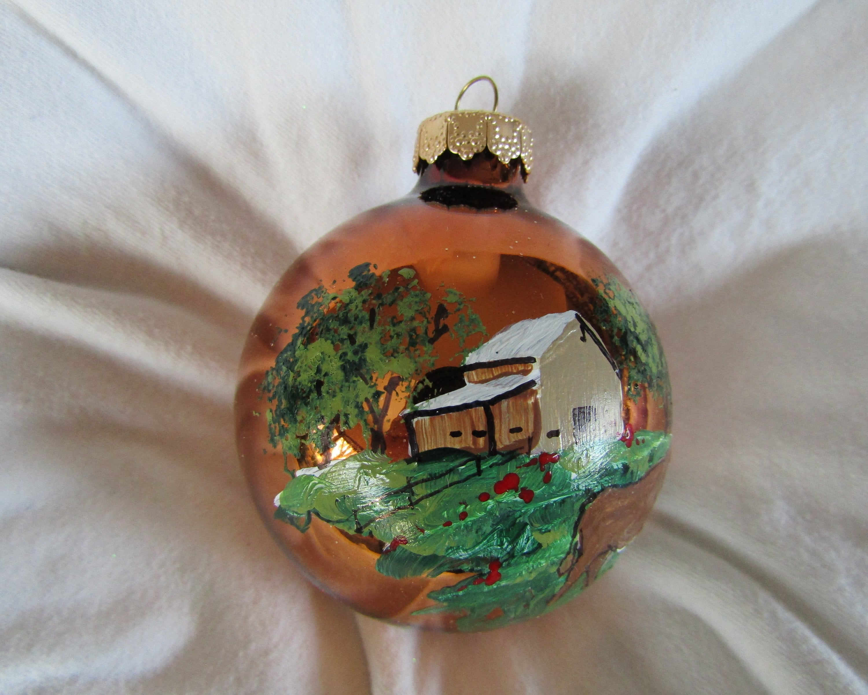Beef Cow Glass Ornament, Farm Scene, Hand Painted Ball Shaped Ornament ...