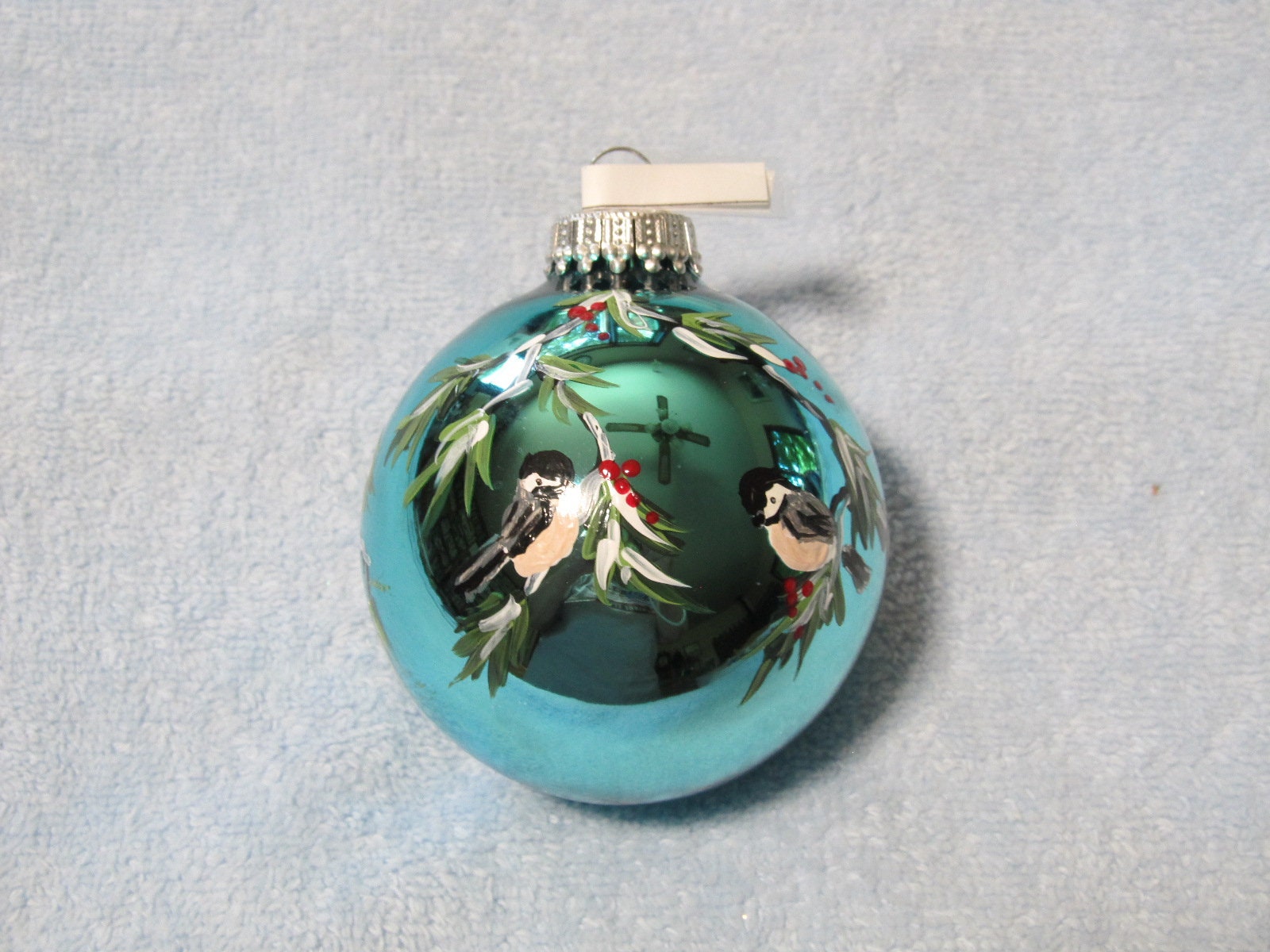 Chickadees Ornament, Hand Painted Turquoise Glass Ornament,round Ball ...