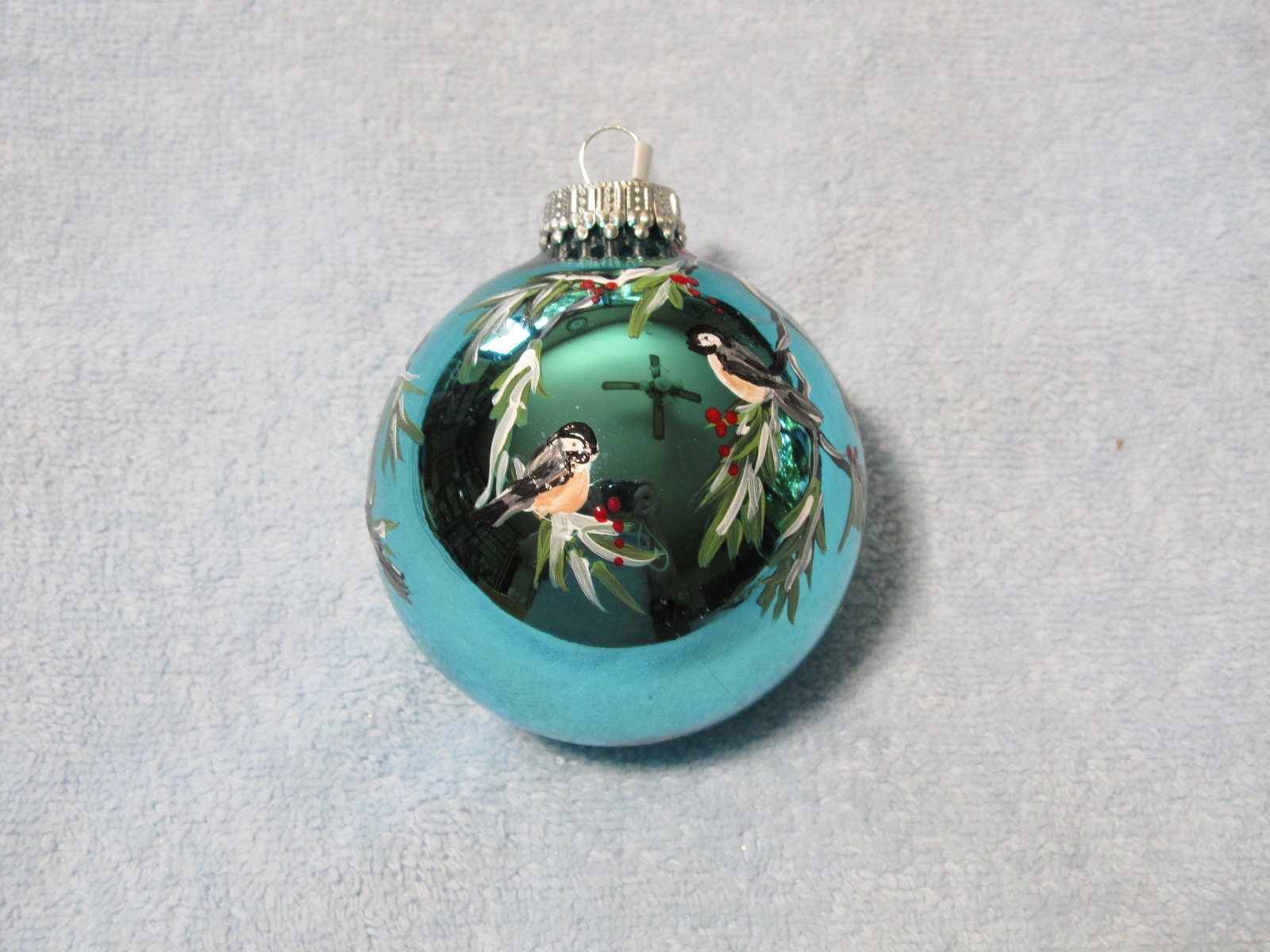 Chickadees Ornament, Hand Painted Turquoise Glass Ornament,round Ball ...
