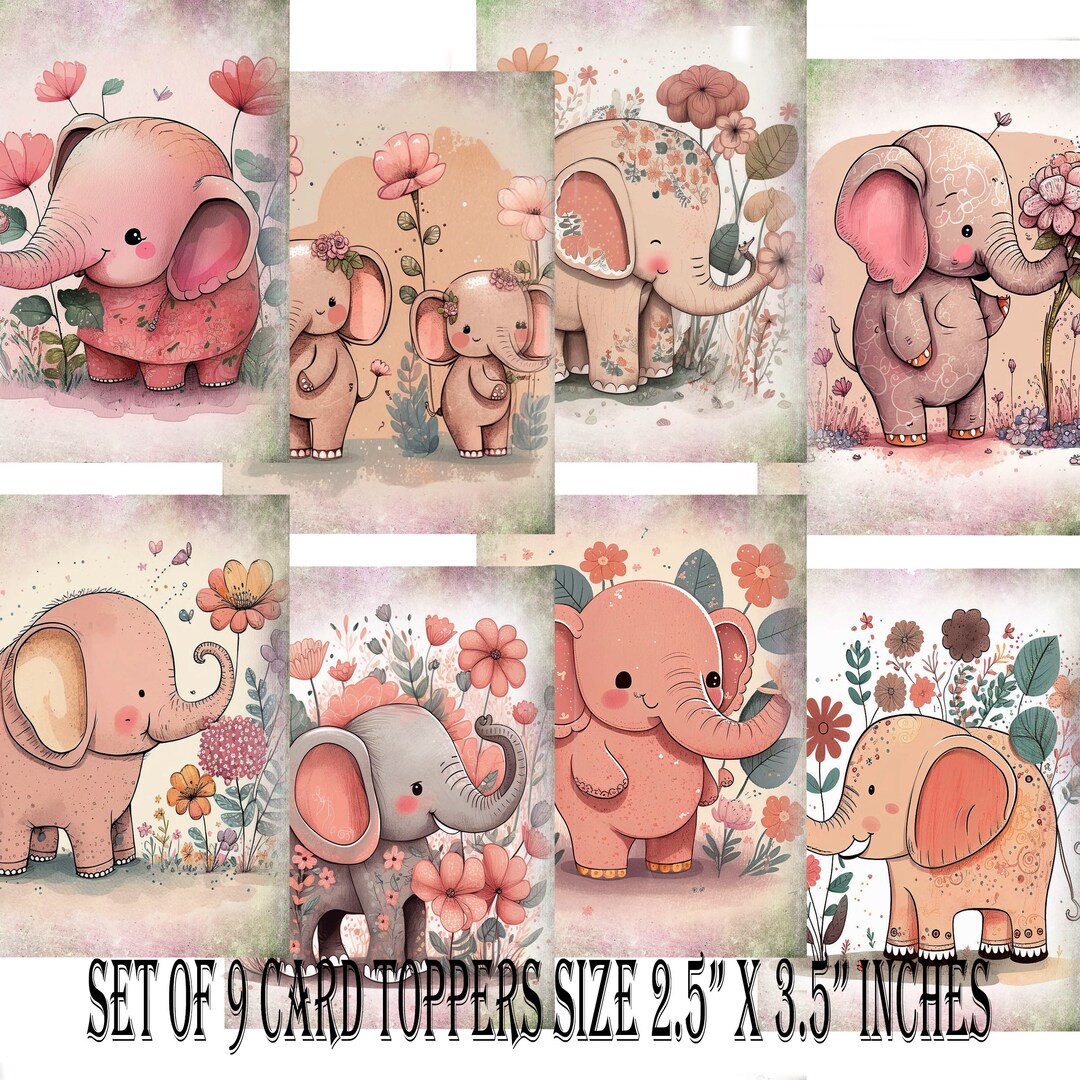 Card Toppers Cute Baby Elephants, Set of 9, Card Making, Scrapbooking ...