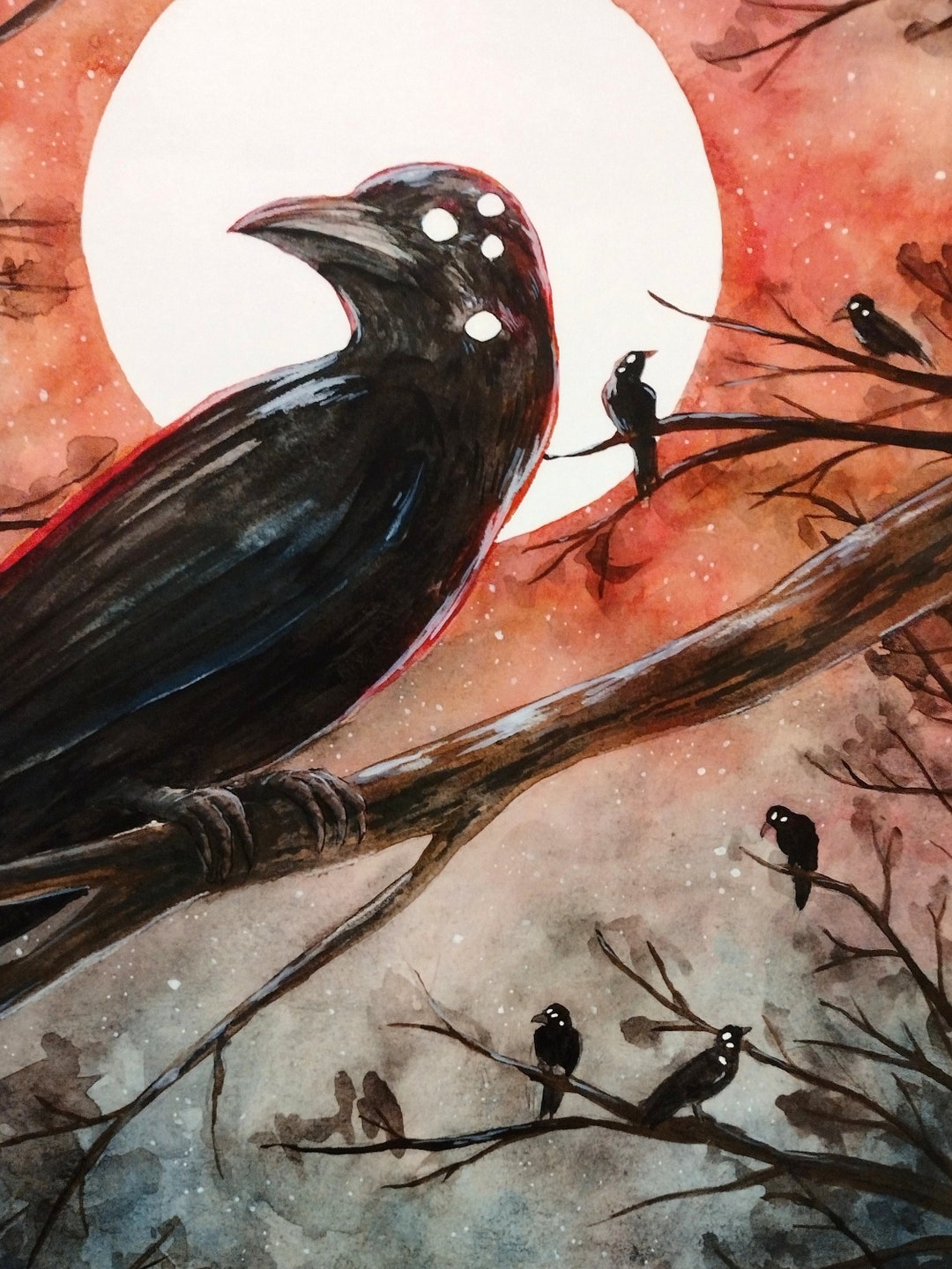 Omen Art Print, Demonic Crow Art Print, Demonic Bird, Crow Art, Raven ...
