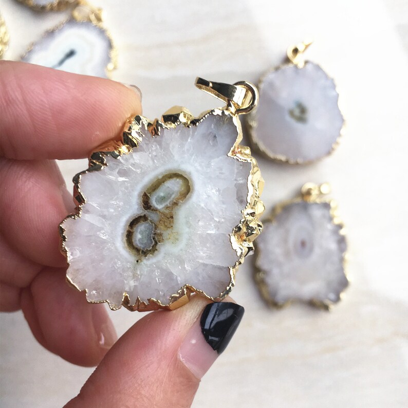Solar White Quartz Geode Slice Druzy Crystal Gemstone Pendant Charm ...