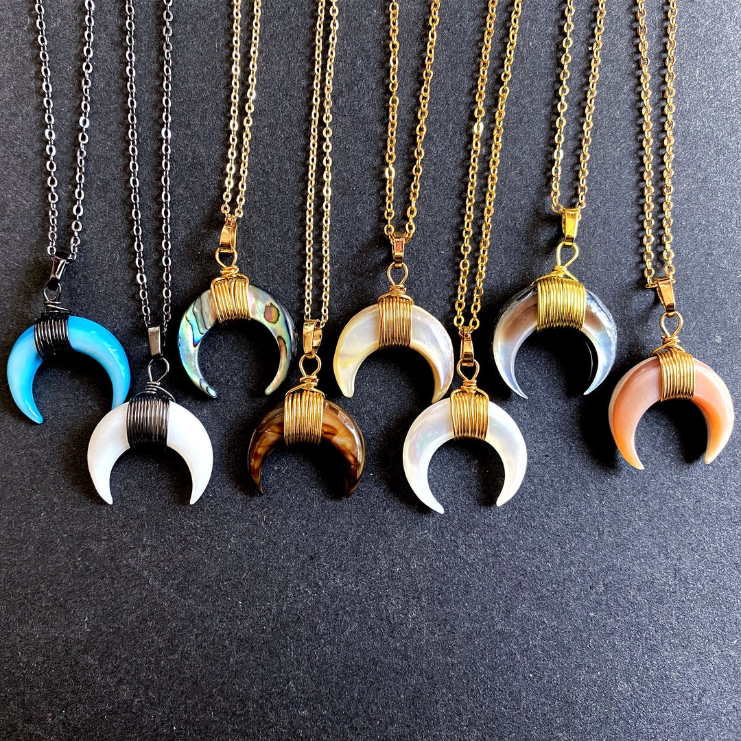 Petite Crescent Moon Shell Horn Double Horn Charm Pendant With Gold ...