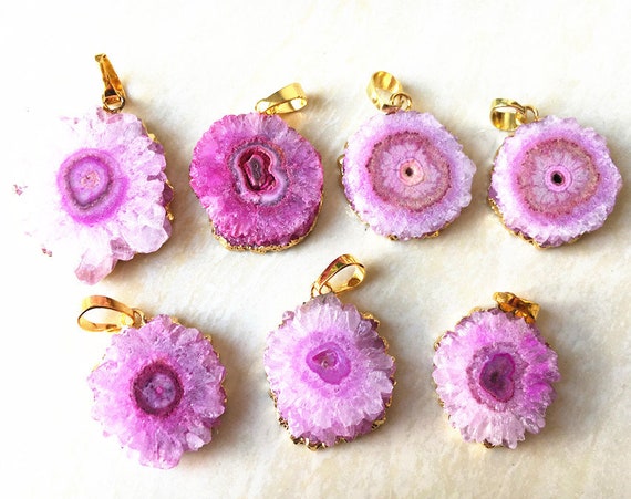 Pink Geode Slice Druzy Crystal Gemstone Pendant With 24k - Etsy