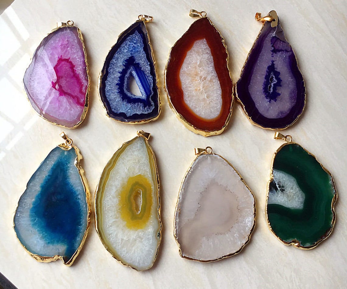 ON SALE Large Geode Agate Slice Druzy Pendant with Gold Plated | Etsy