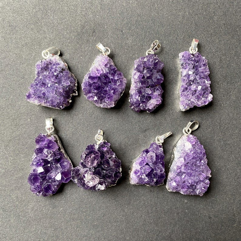 Raw Amethyst Necklace, Silver Amethyst Druzy, Natural Amethyst Cluster ...