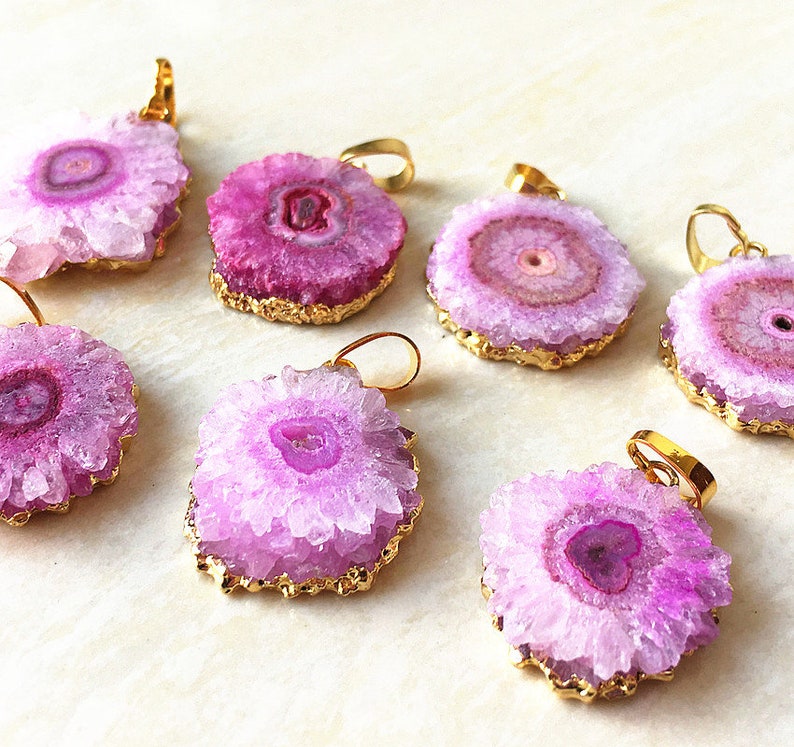 Pink Geode Slice Druzy Crystal Gemstone Pendant With 24k Electroplated ...
