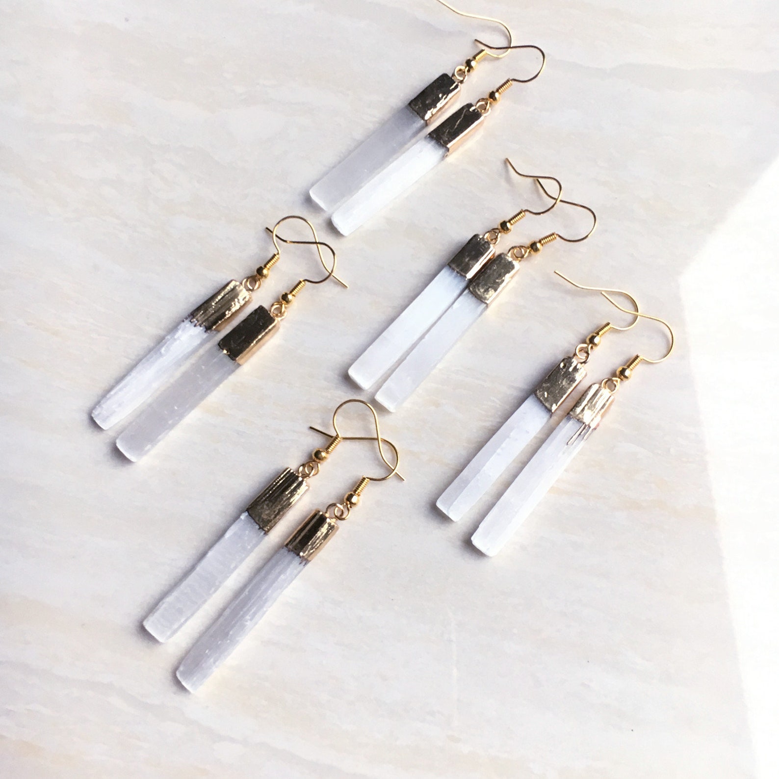 Thin Slender White Selenite Pendant // Selenite Earrings // | Etsy