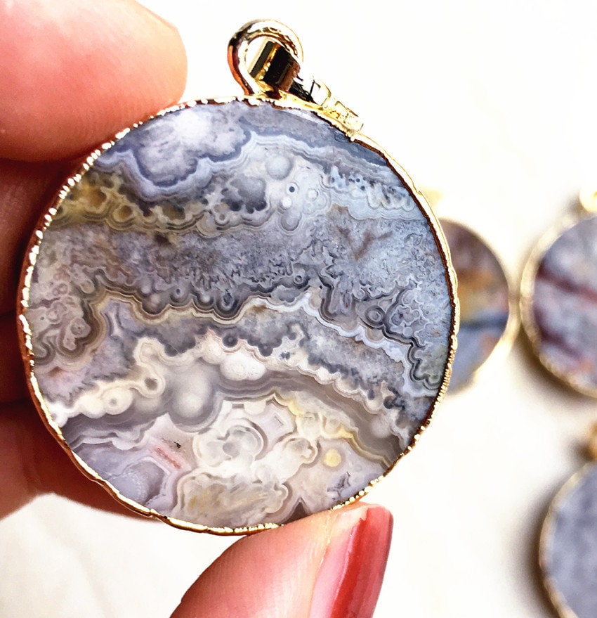Colorful Agate Round Pendant Necklace // Large Beautiful | Etsy