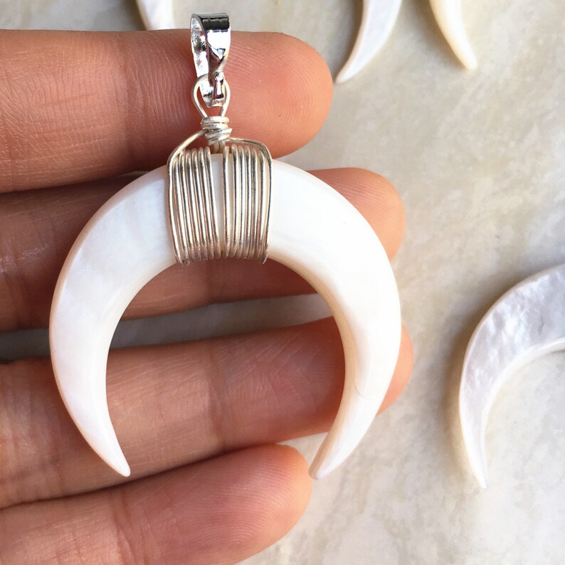 White Shell Crescent Double Horn Pendant Electroplated in Gunmetal ...