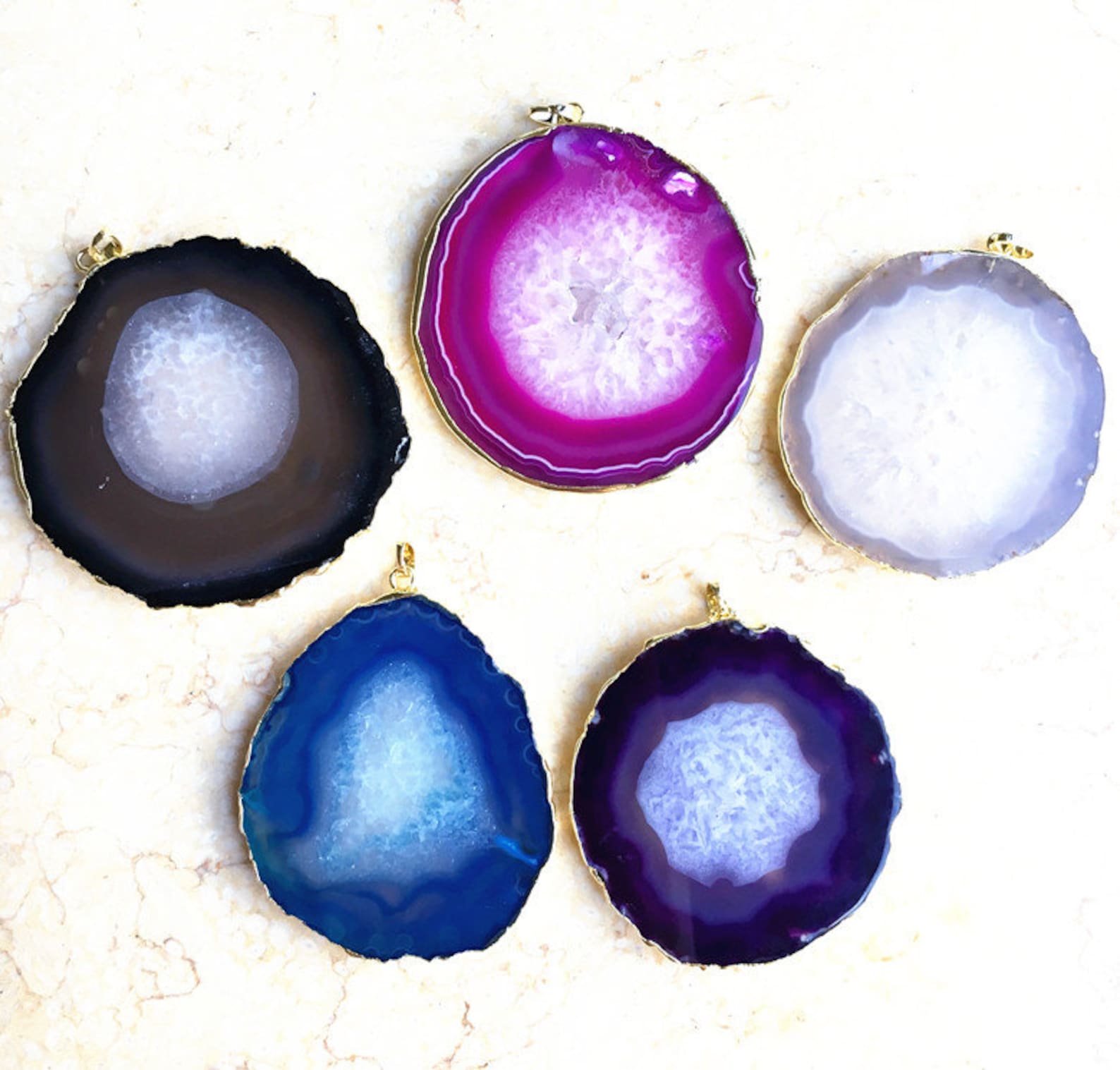 Super Large Geode Agate Slice Druzy Pendant With Gold Plated - Etsy