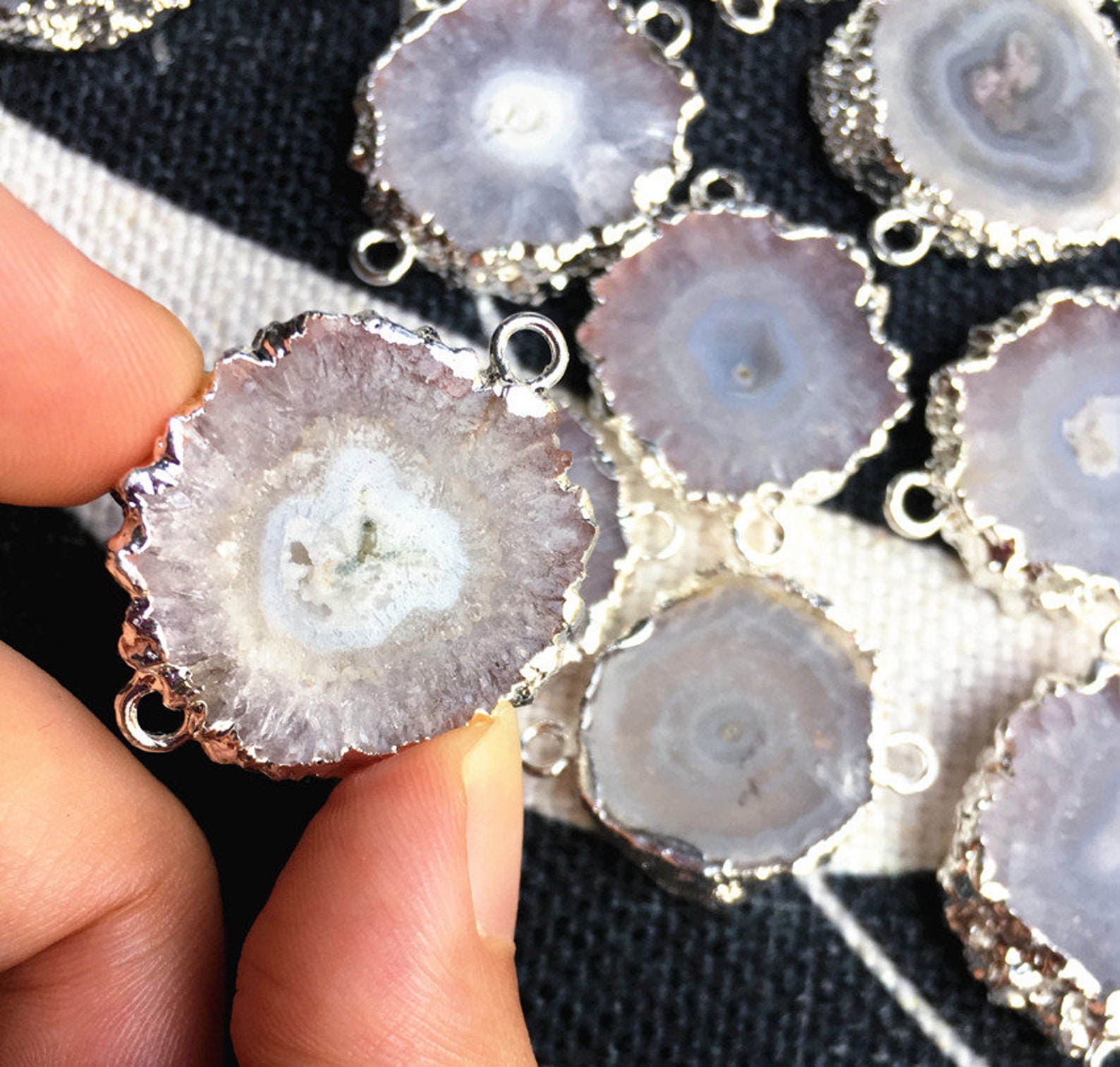 Mystical White Geode Slice Druzy Crystal Gemstone With Silver Plated ...