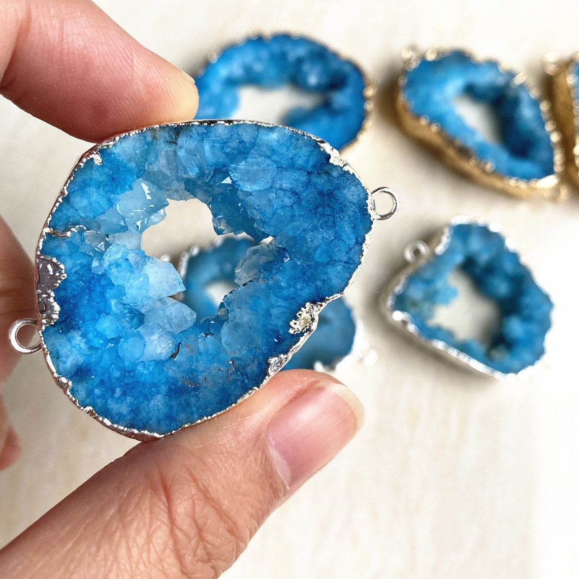 Large Mystic Aqua Blue Druzy Quartz Geode Raw Drusy Agate Slice Double ...