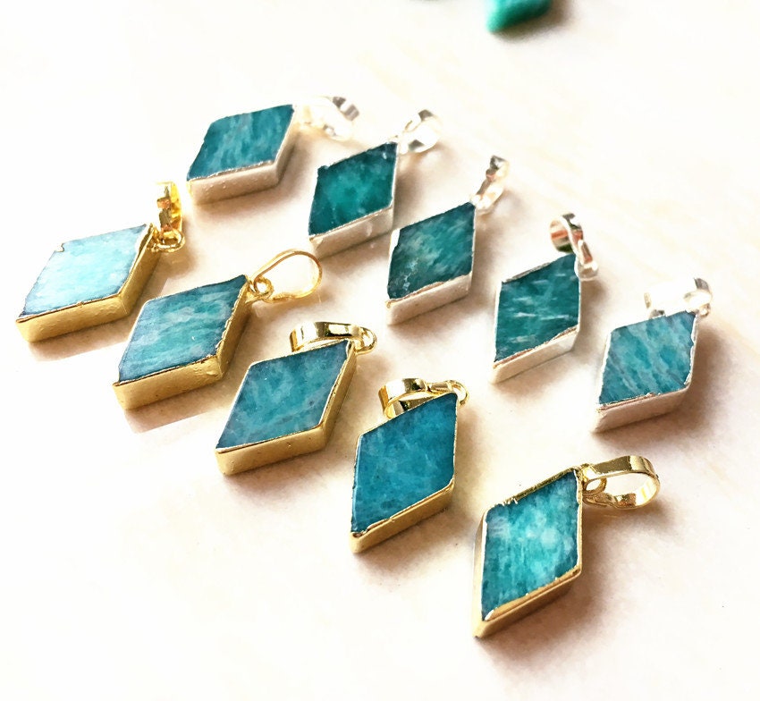 Natural Amazonite Crystal Pendant With Gold Electroplated Edges, Silver ...