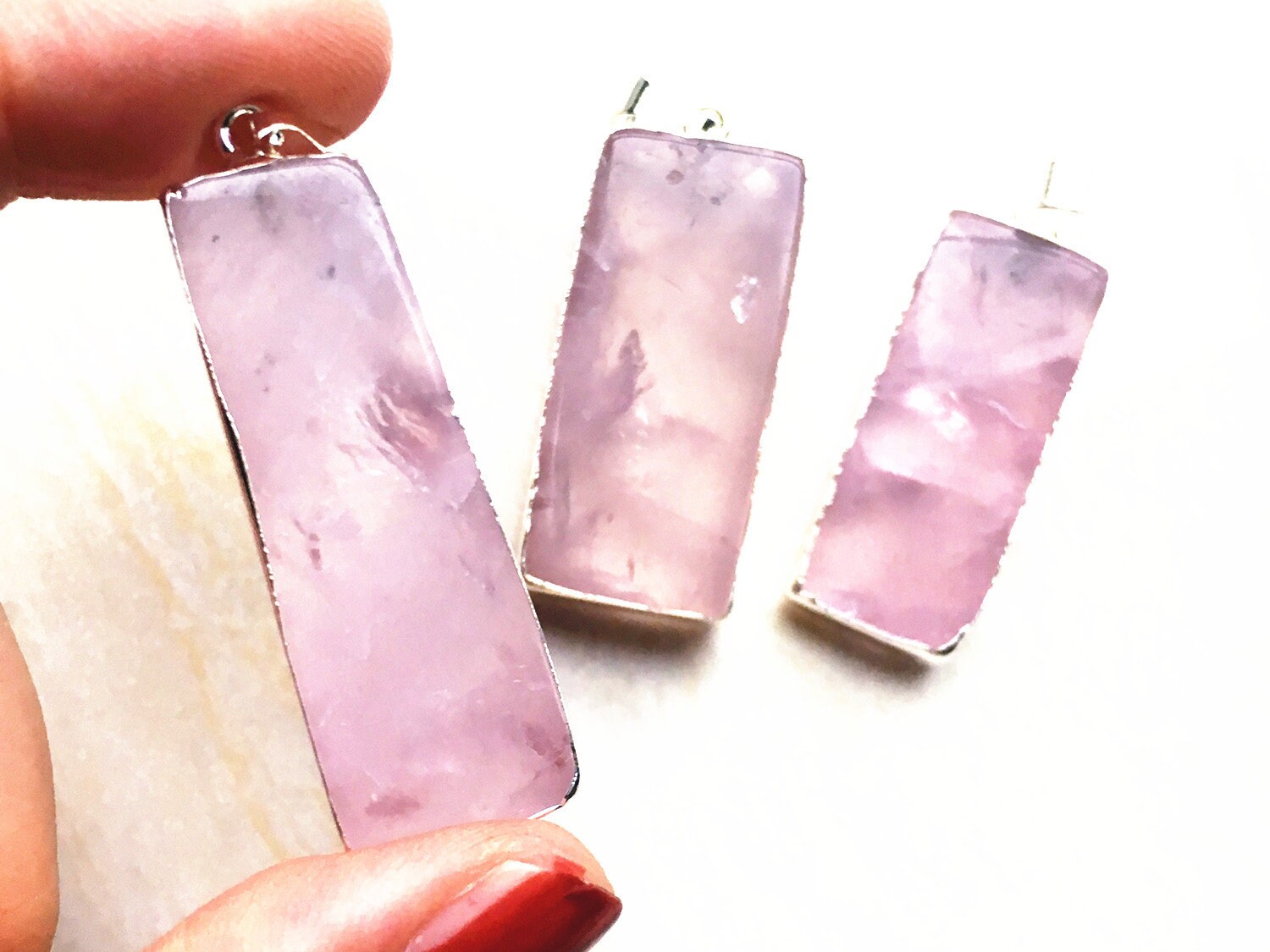 Polished Rose Quartz Rectangle Pendant Necklace // Pink Stone - Etsy