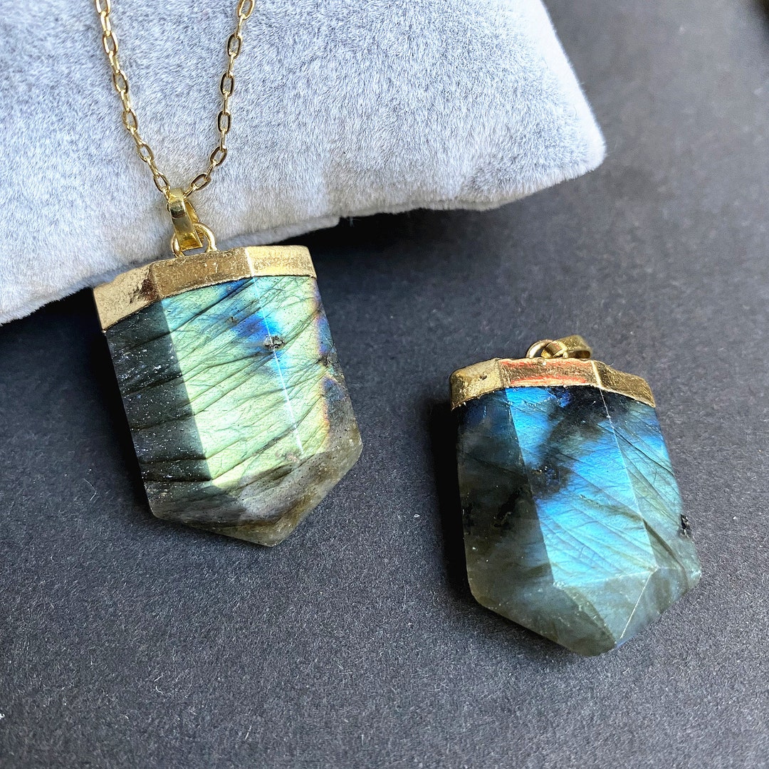 SALE Polished Natural Labradorite Stone Pendant With Electroplated Gold ...