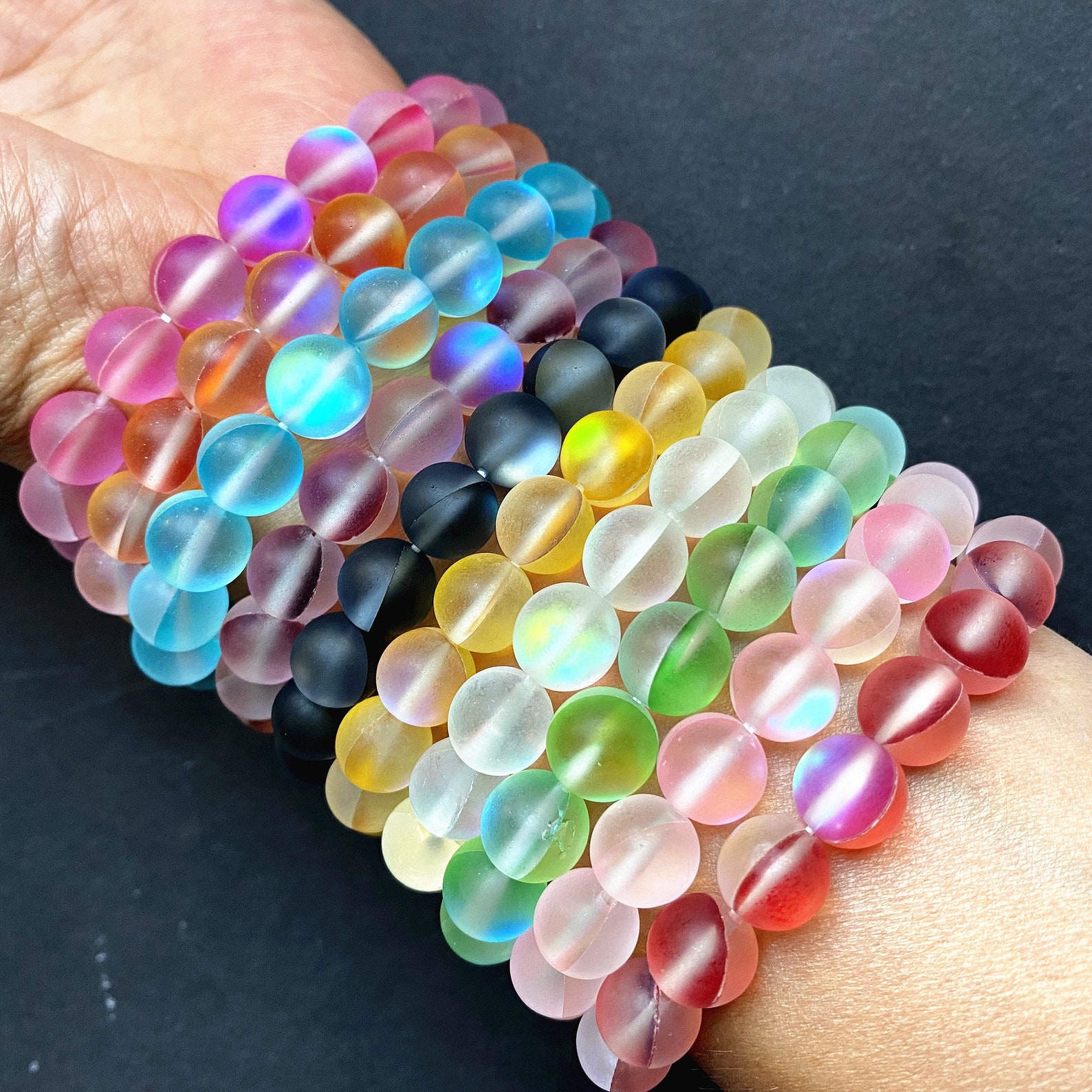 10 Colors for Choose, Mermaid Aura Glass Beaded Bracelets, 10MM Frosted Glass Crystal Elastic ...