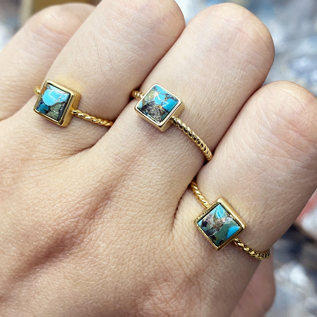 Tiny Gold Turquoise Ring // Square Blue Turquoise Stone Rings // Natural Gemstone Ring for Her ...