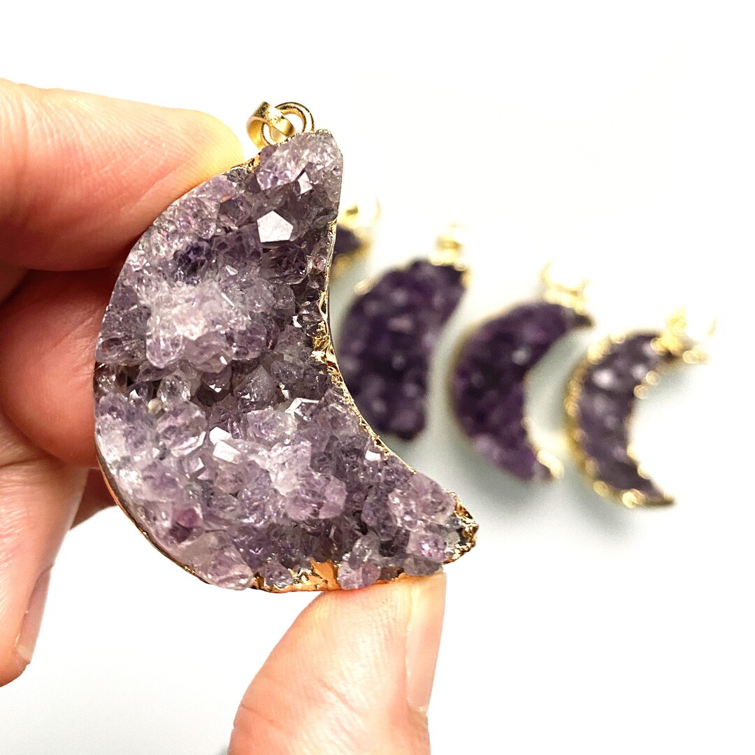 Groß Mond Halbmond Amethyst Anhänger Halskette, Gold Amethyst Druzy ...