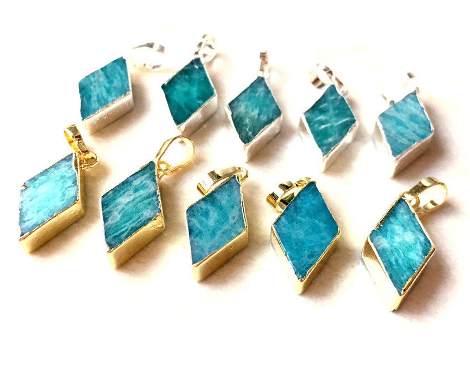 Natural Amazonite Crystal Pendant With Gold Electroplated Edges, Silver ...