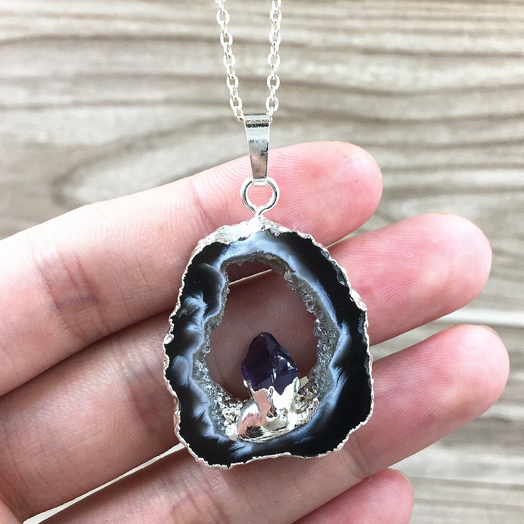 Natural Geode Agate Druzy Slice Pendants // Silver Agate Amethyst Druzy // Gold Amethyst Slice ...