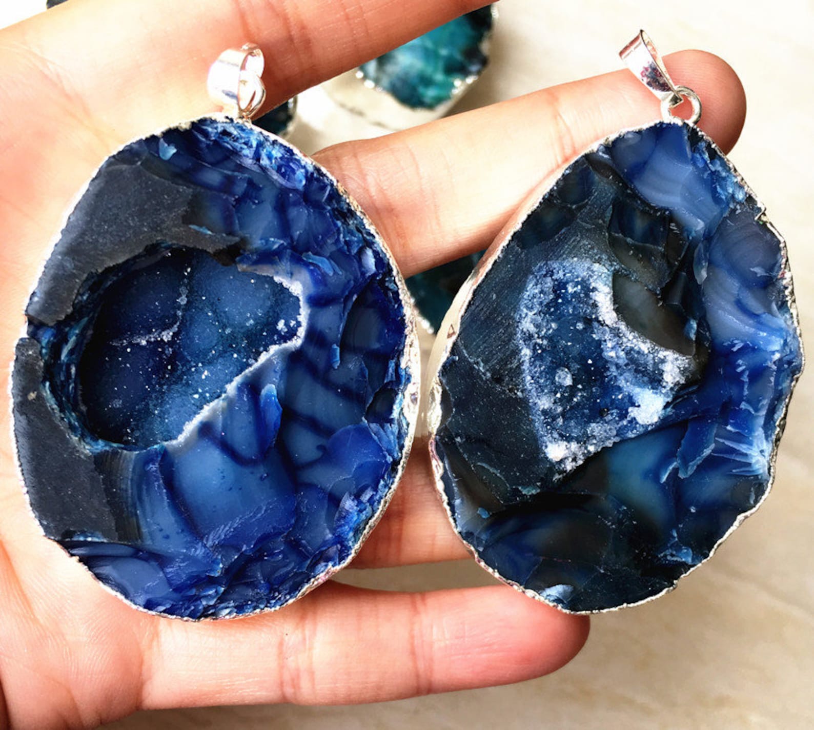 Large Blue Agate Druzy Geode Slice Pendants // Silver Agate | Etsy