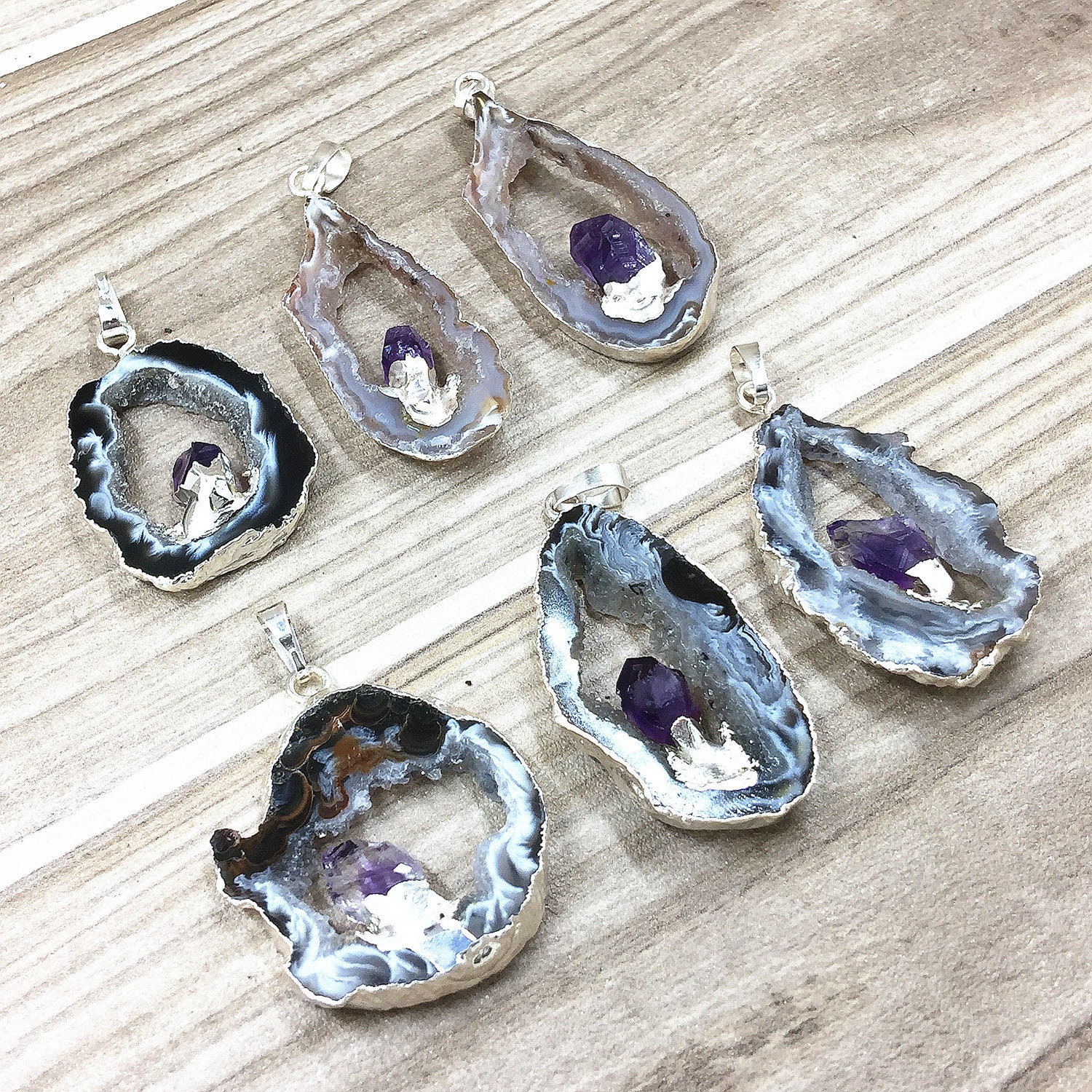Natural Geode Agate Druzy Slice Pendants // Silver Agate - Etsy