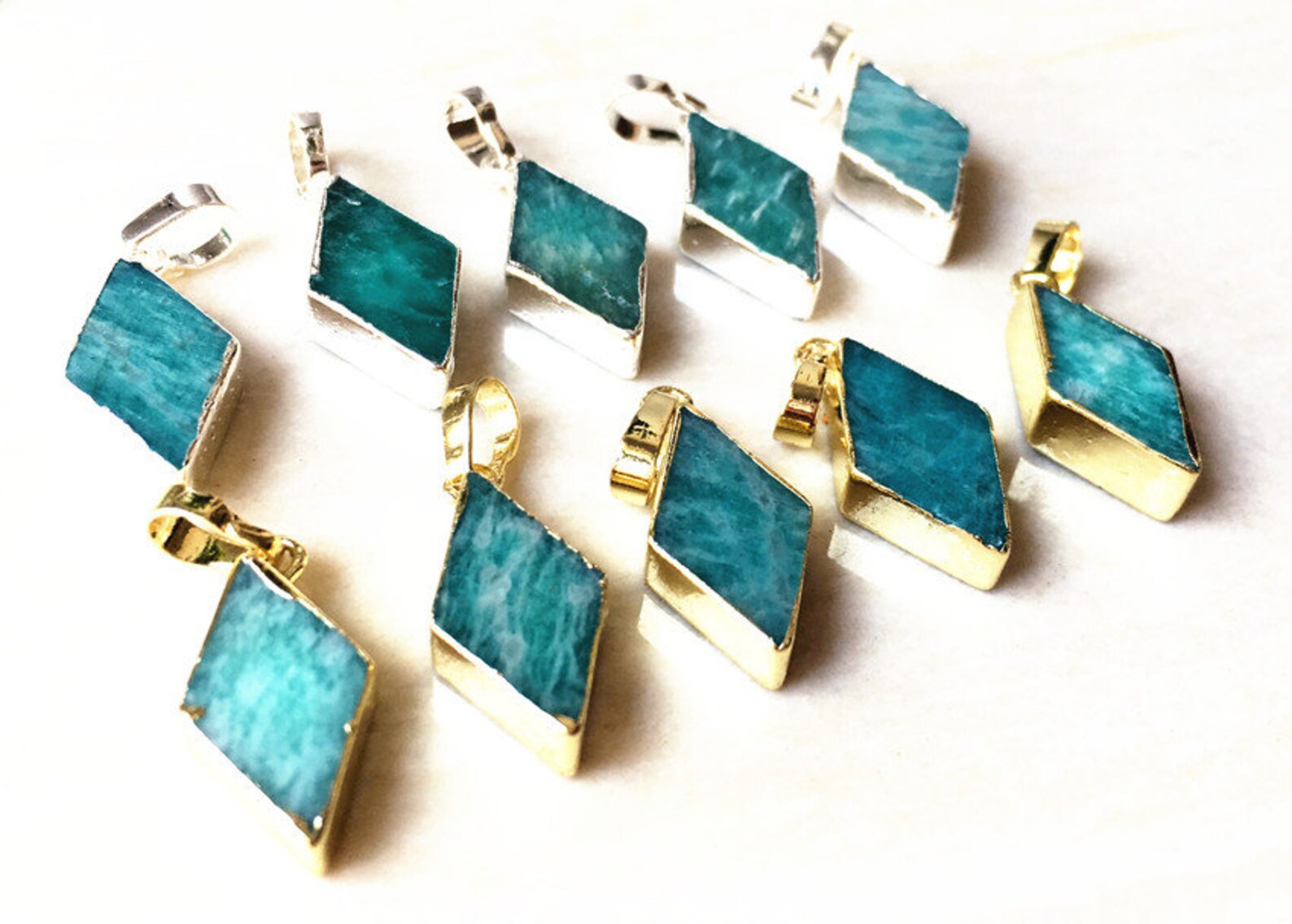 Natural Amazonite Crystal Pendant With Gold Electroplated Edges, Silver ...