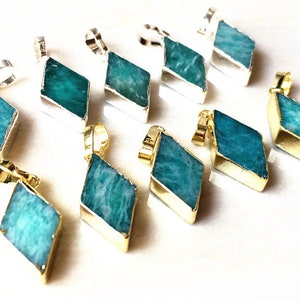 Natural Amazonite Crystal Pendant With Gold Electroplated Edges, Silver ...