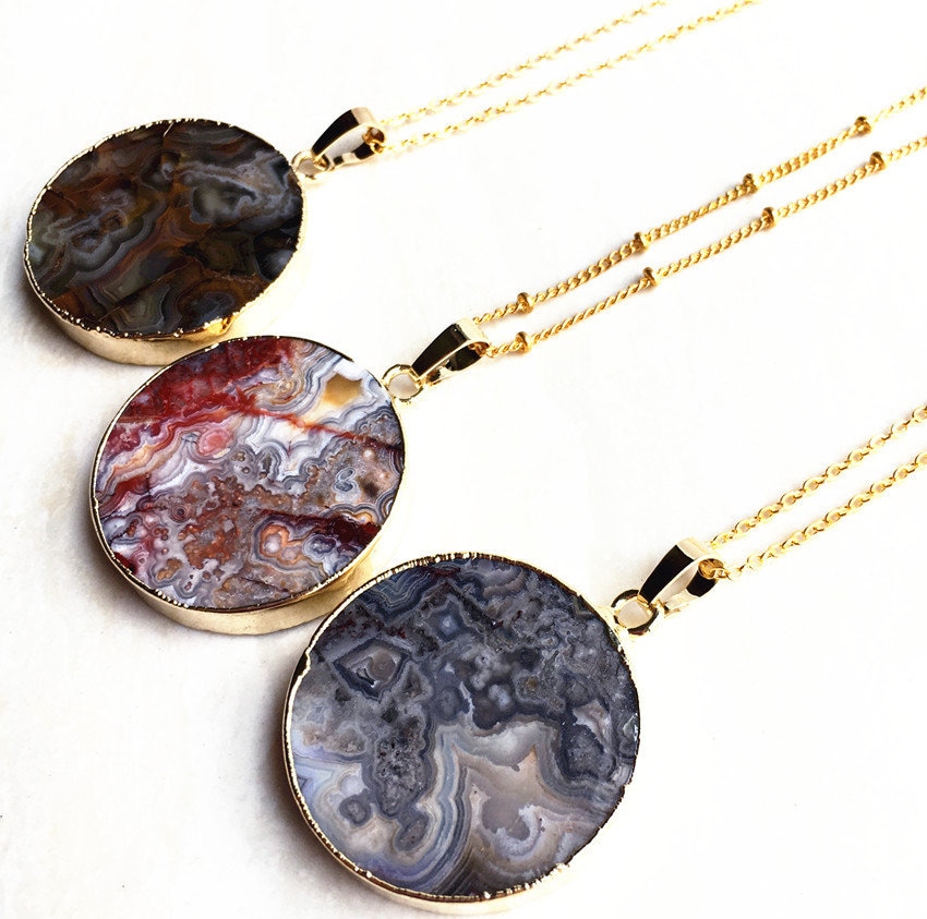 Colorful Agate Round Pendant Necklace // Large Beautiful | Etsy