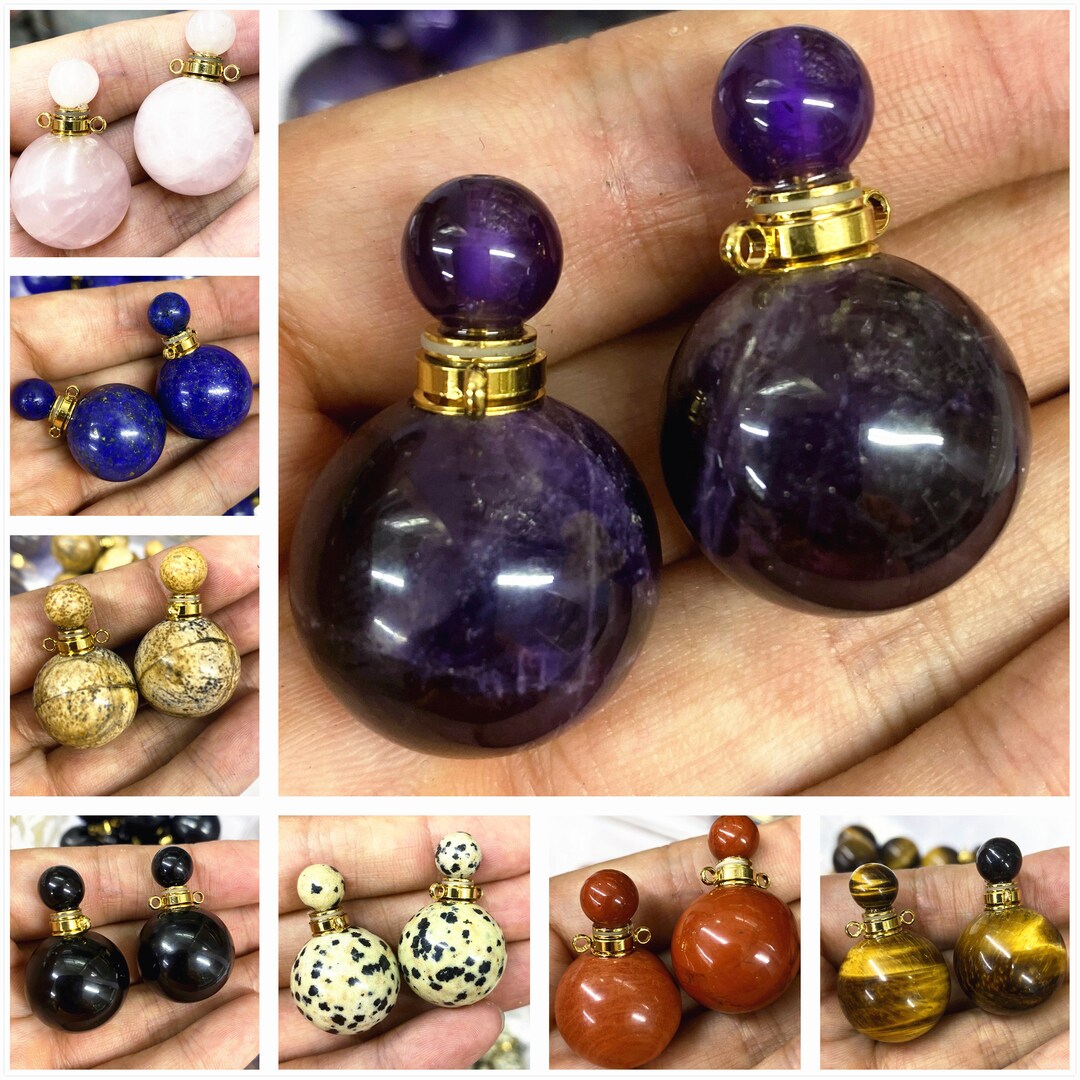 Gold Bubble Perfume Bottle Pendant Necklace, Natural Round Gemstone ...