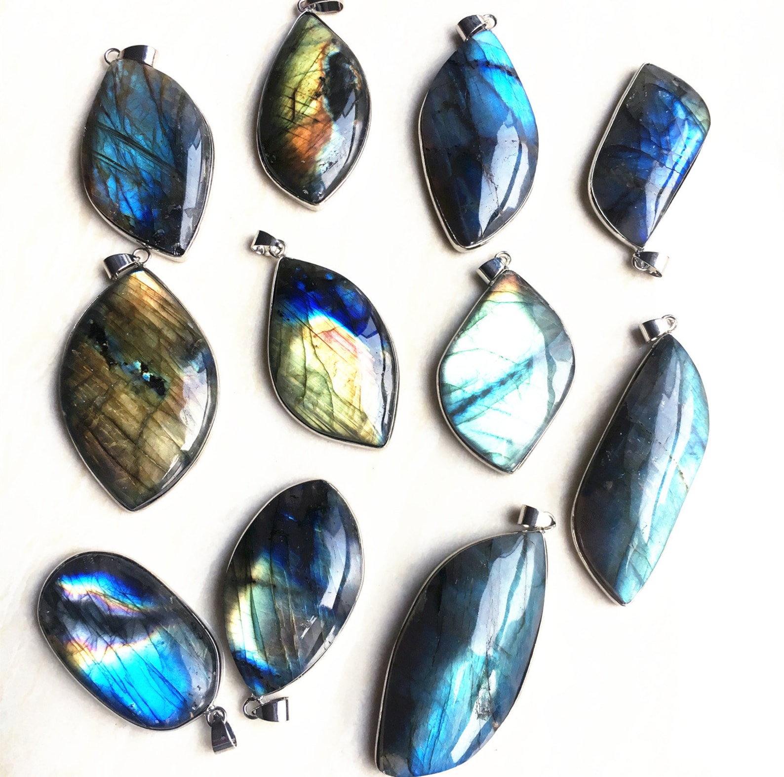 Large Natural Rainbow Labradorite Freeform Shaped Pendant - Silver ...