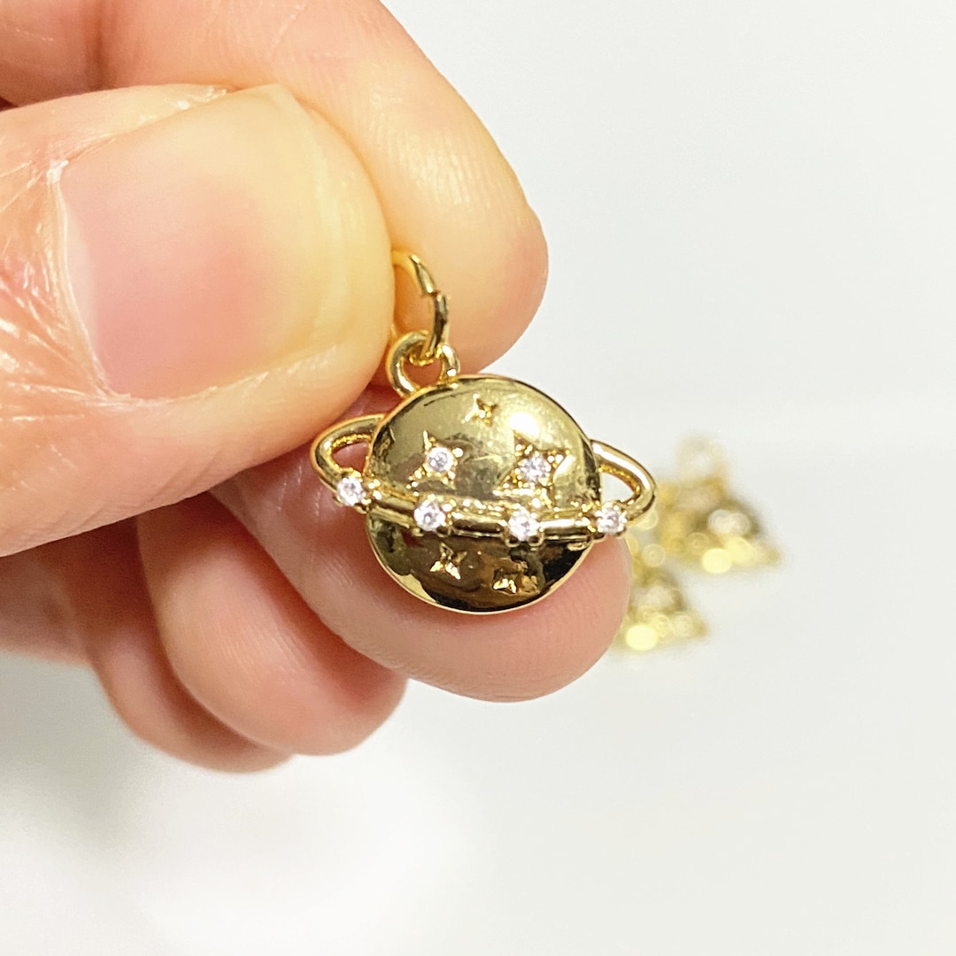 12x14mm Solar System Charm, Gold Plated Zircon Round Pendant, Cubic ...