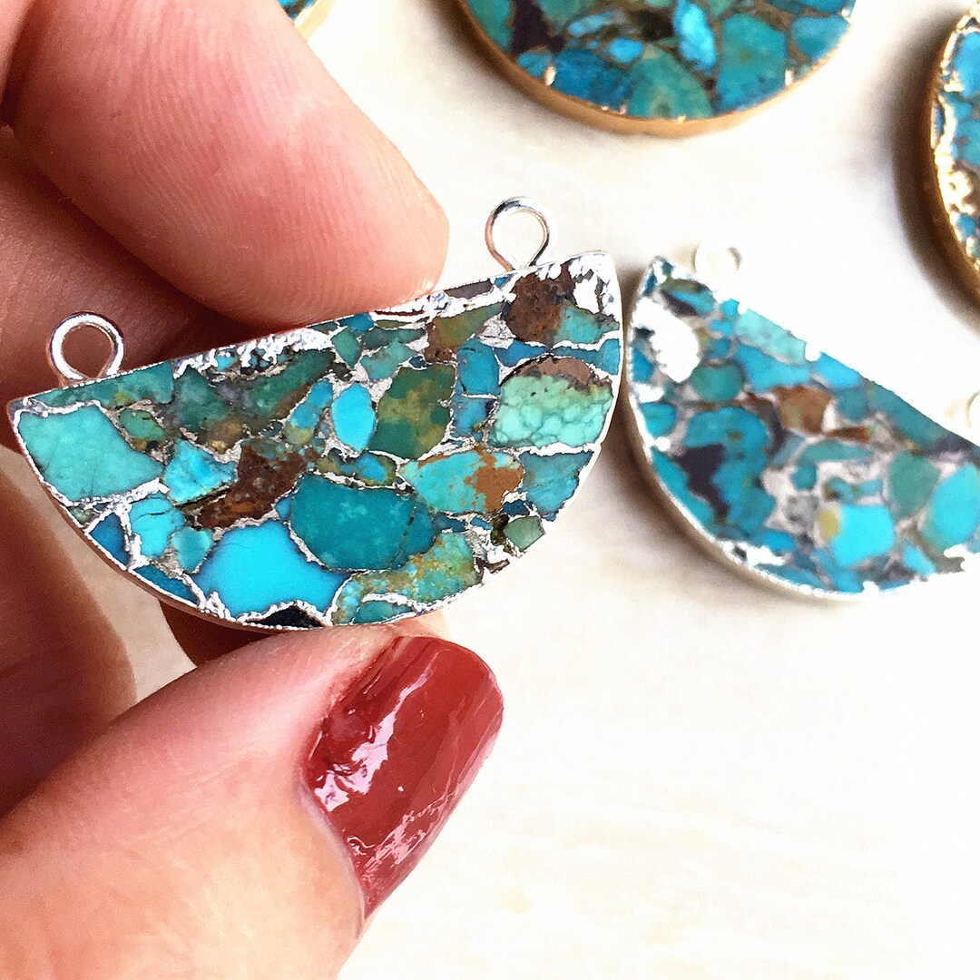 Gold Half Moon Blue Turquoise Necklace // Silver Turquoise Half Circle ...