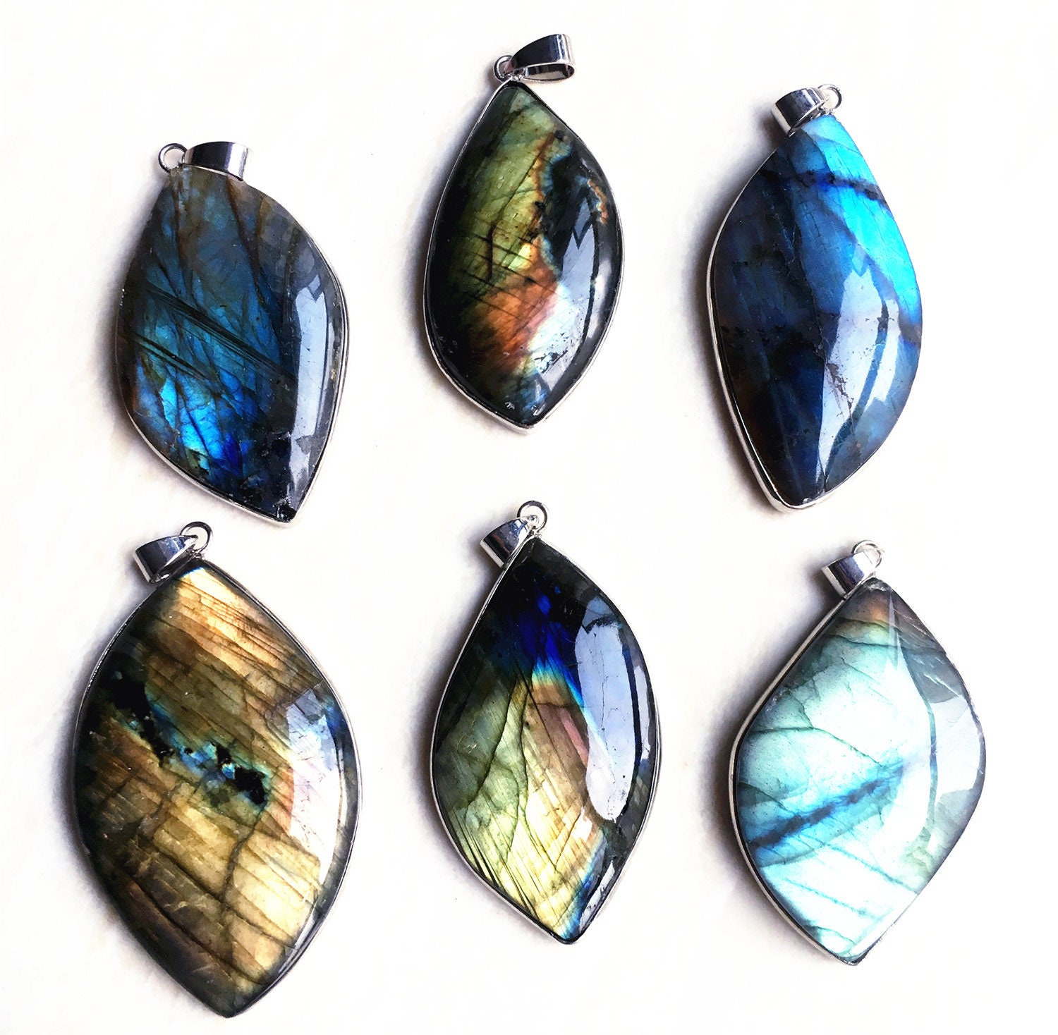 Large Natural Rainbow Labradorite Freeform Shaped Pendant - Silver ...