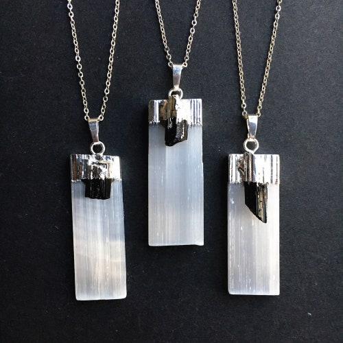 Rectangle Slender White Selenite Pendant // Silver Plated - Etsy
